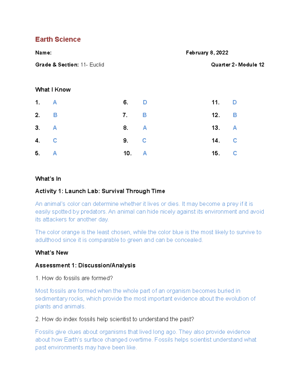 Earth Science Module 12 - Earth Science Name: February 8, 2022 Grade ...