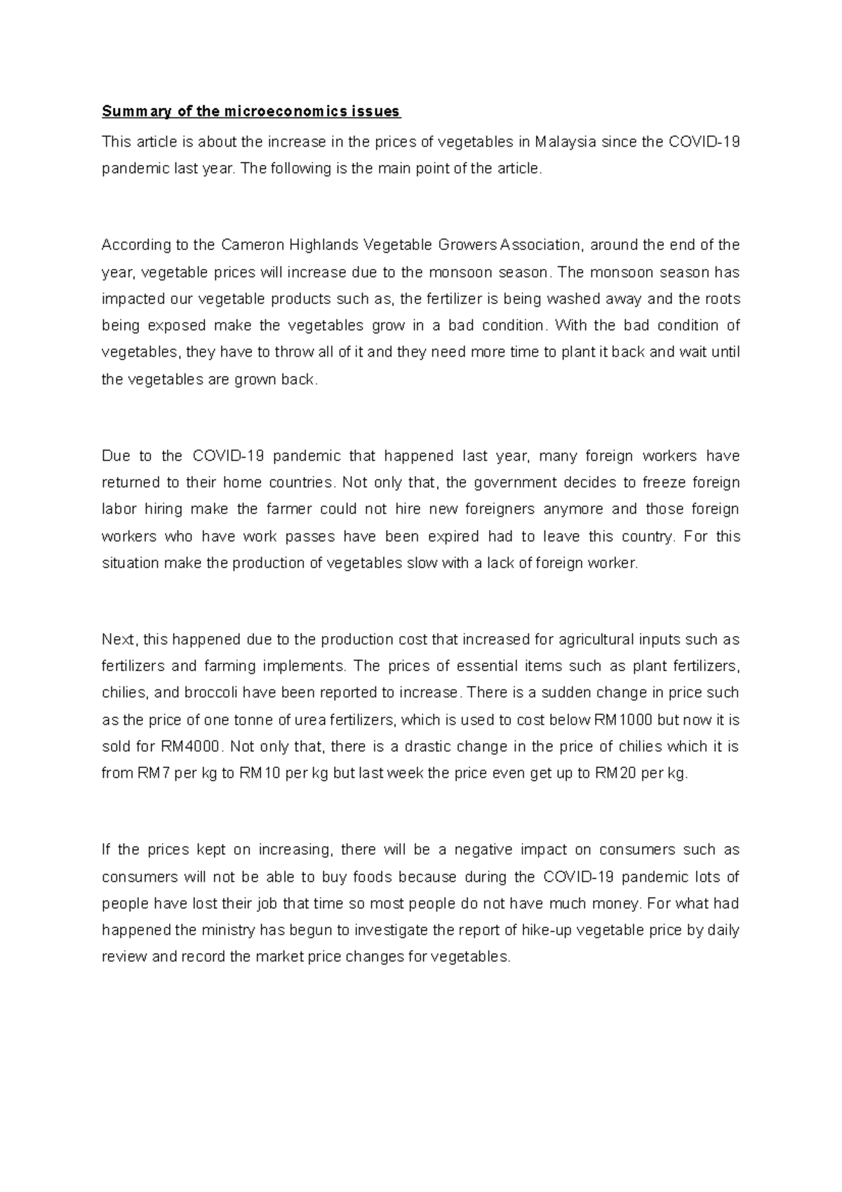 Summary of the microeconomics issues (ECO162) - Summary of the ...