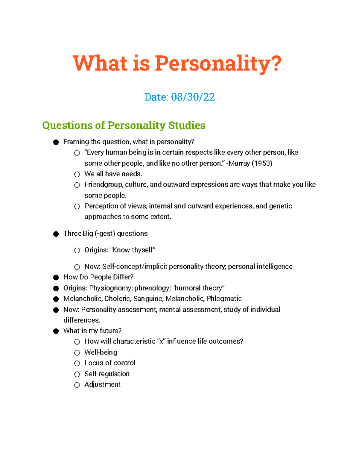 Personality notes - What is Personality? Date: 08/30/ Questions of ...