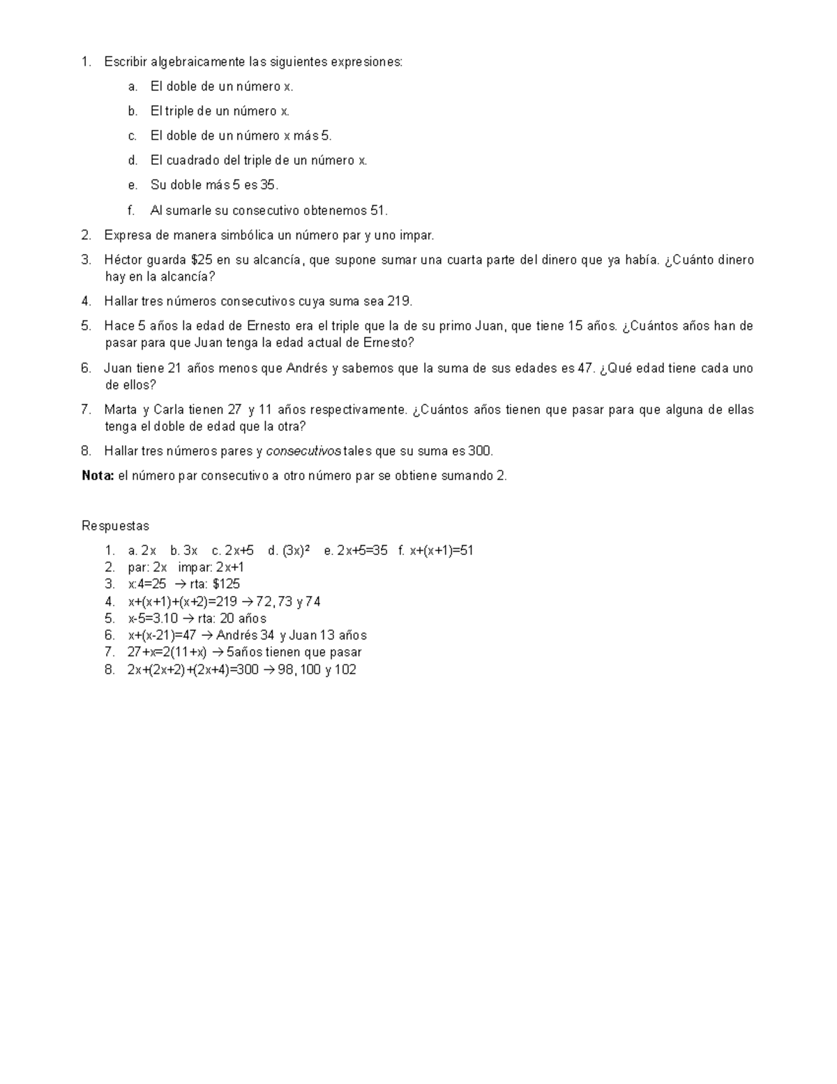Ecuaciones - werwerwerwer - Escribir algebraicamente las siguientes ...