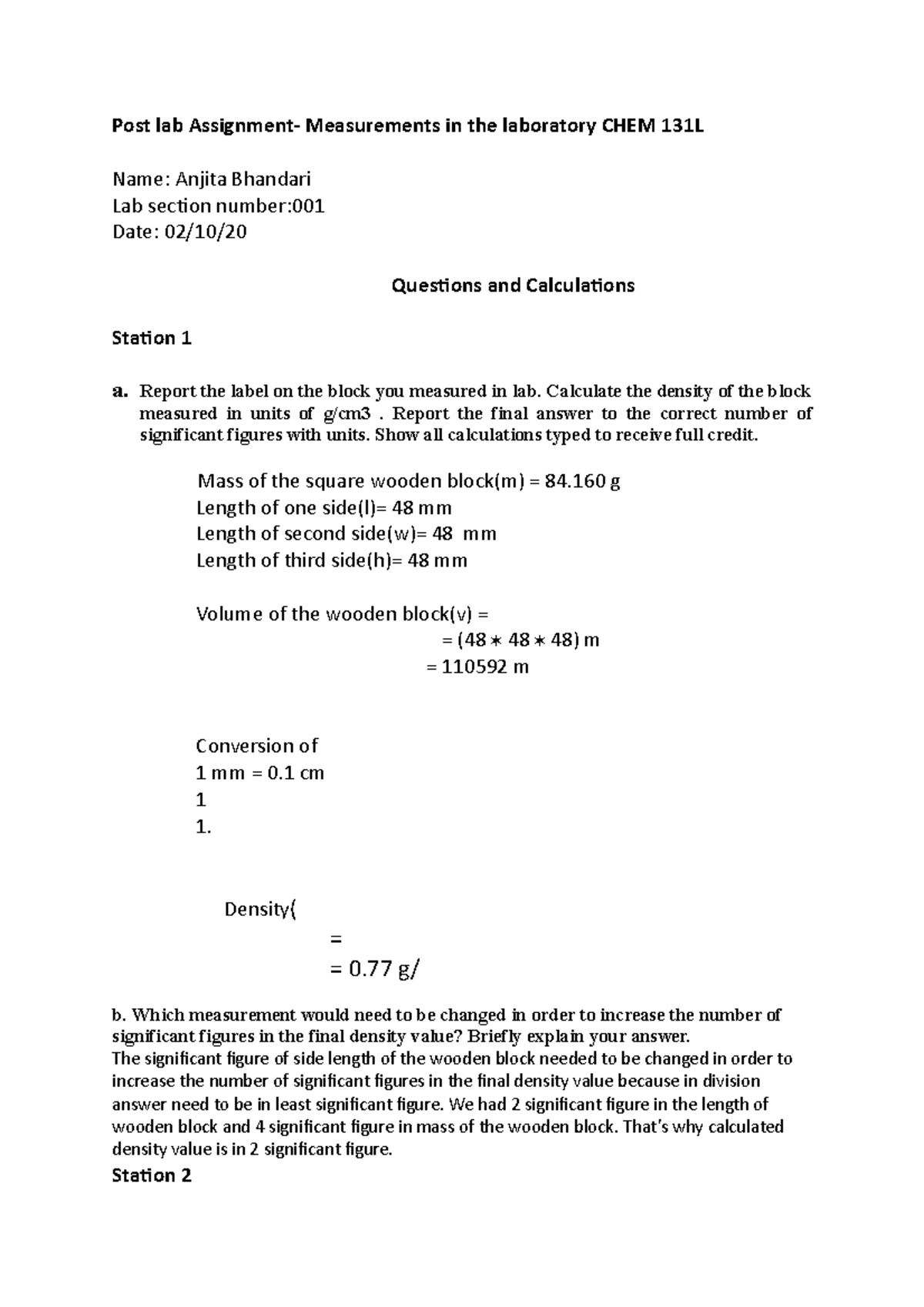 PL#1 - Lab 1 post lab answers - Post lab Assignment- Measurements in ...