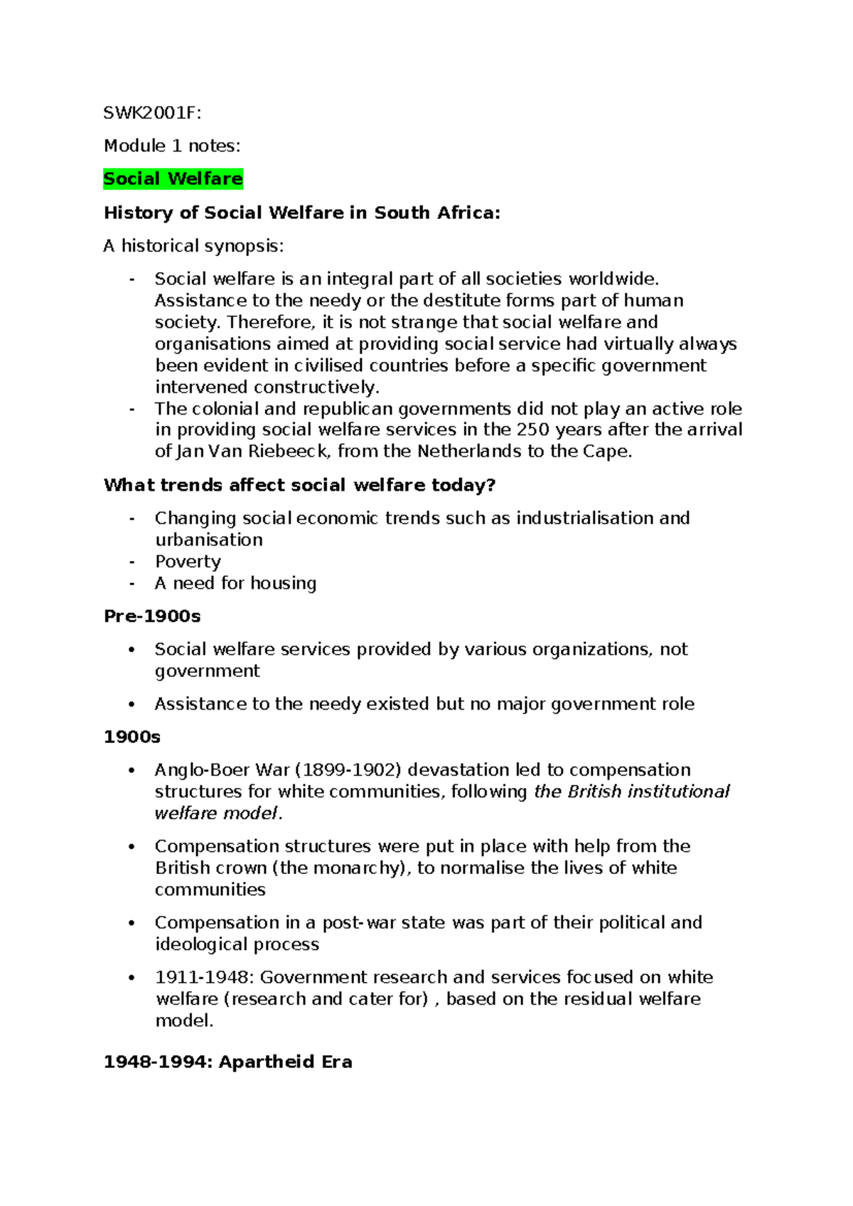 SWK2001 F module 1 notes - SWK2001F: Module 1 notes: Social Welfare ...