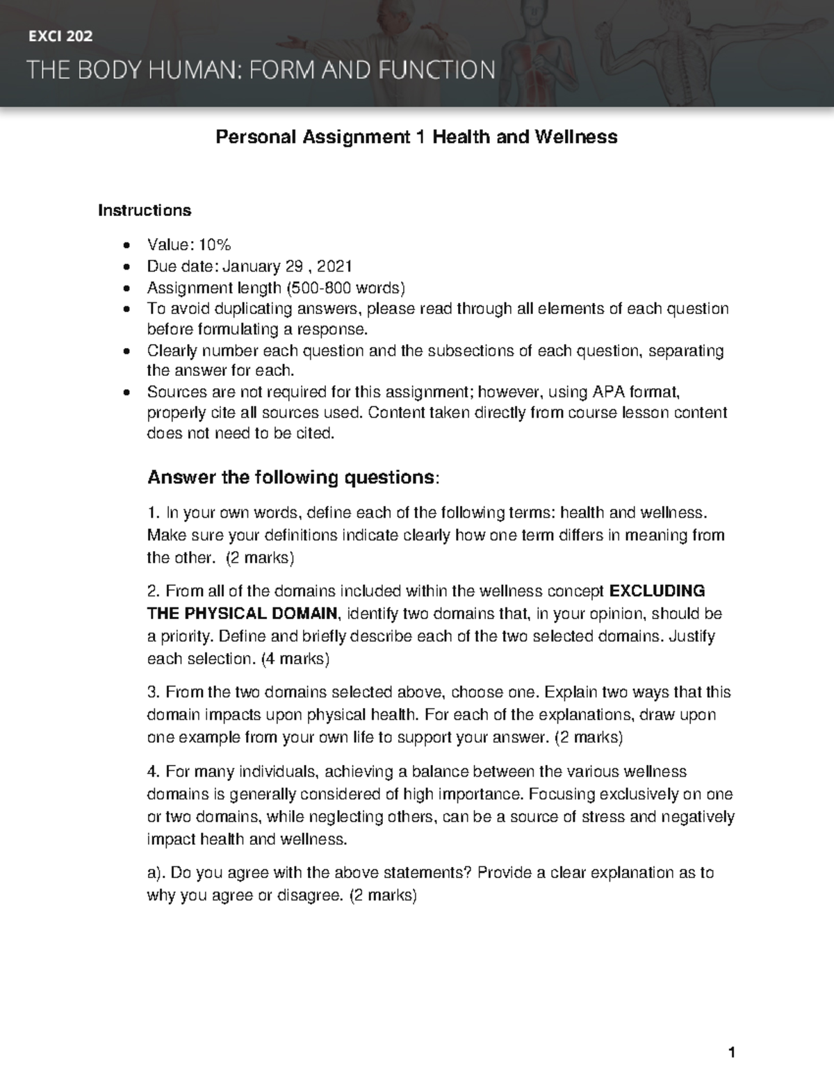 Personal Assignment 1 Instructions - 1 Personal Assignment 1 Health and ...