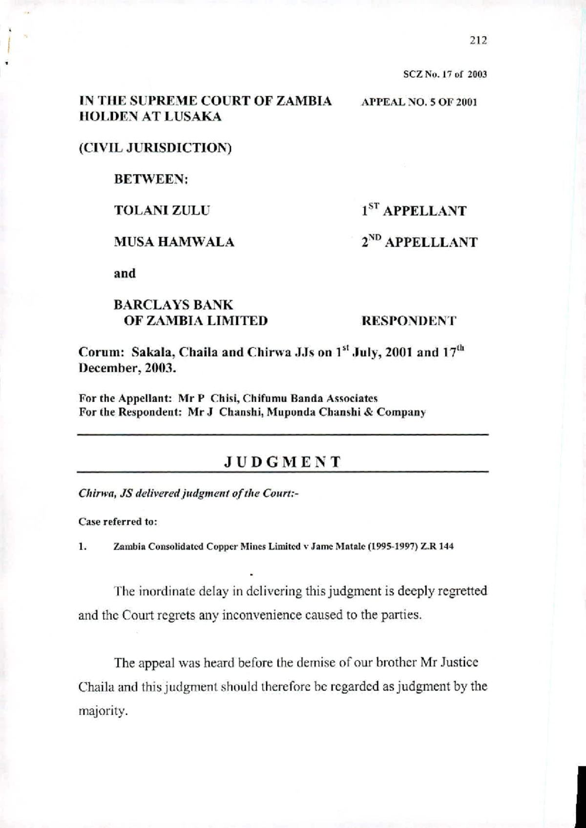 5.2001- Tolani Zulu, Musa Hamwala Vs Barclays Bank of Zambia Limited ...