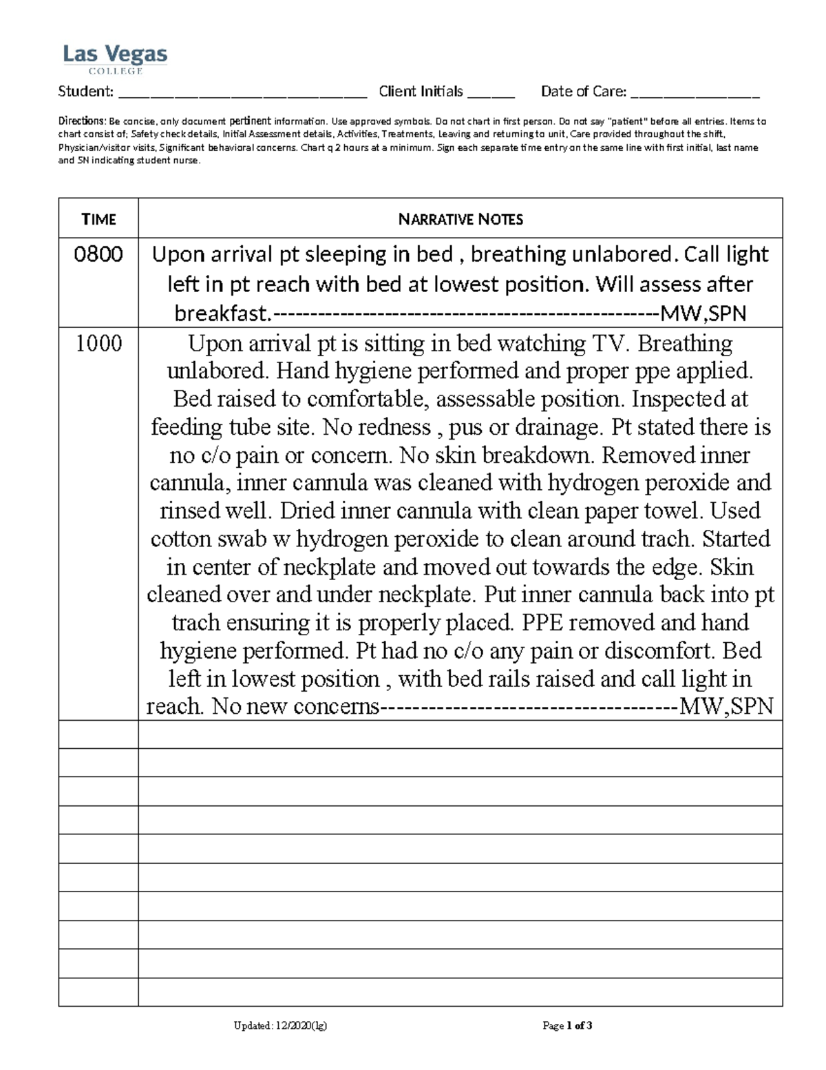 Narrative Notes 4 - Student: _______________________________ Client ...