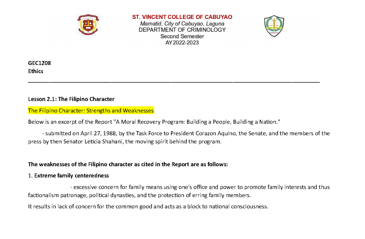 GEC1208 Ethics Lesson 2 - GEC Ethics Lesson 2: The Filipino Character ...