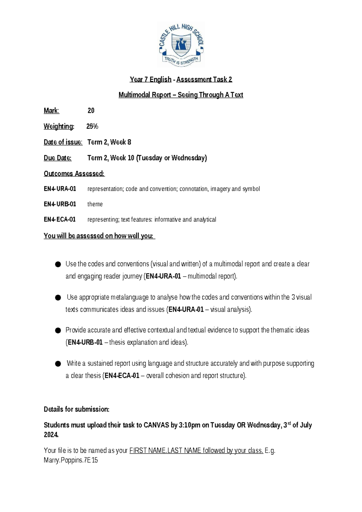 Assessment Task 2 - Seeing Through a Text - Year 7 English - Assessment ...