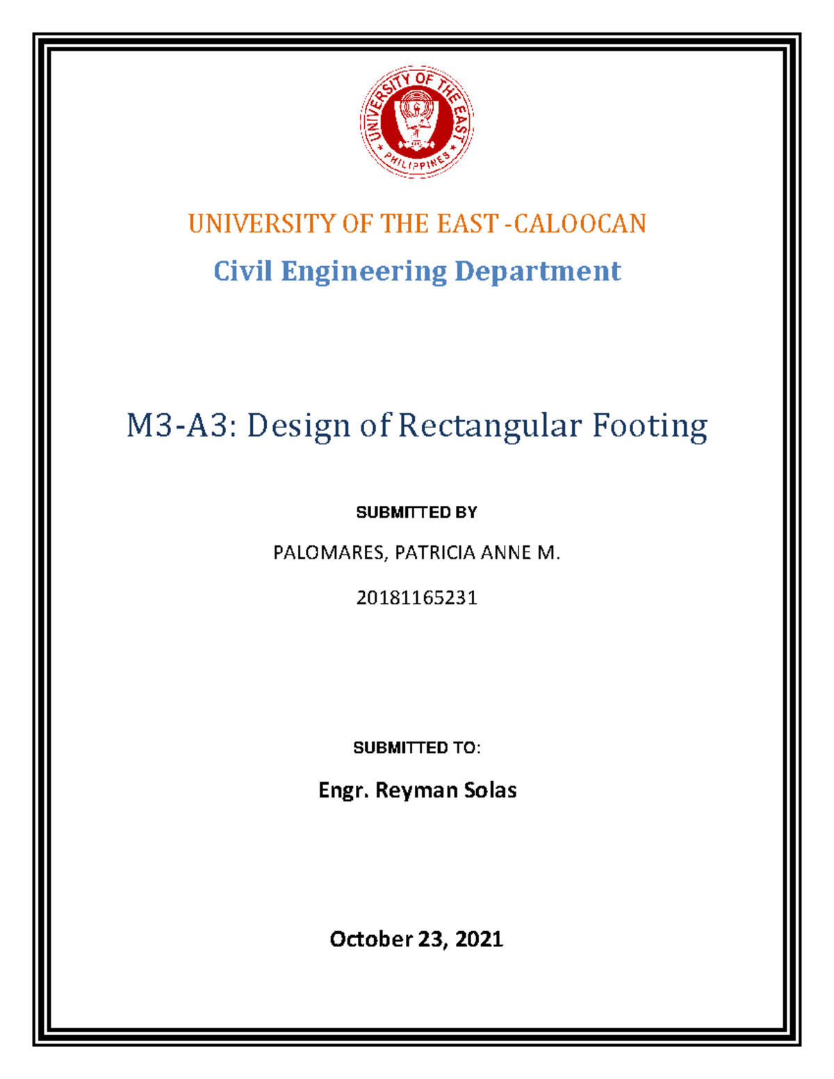 M3 A3 Design of Rectangular Footing - BS Civil Engineering - UE - Studocu