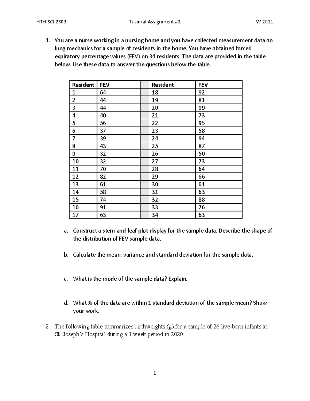 Tutorial Assign 2 - Descriptive Stats & Probability 1 - You are a nurse working in a nursing ...