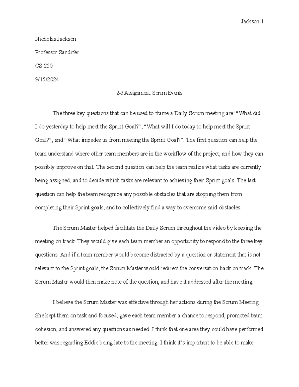 2-3 Assignment Scrum Events - Jackson 1 Nicholas Jackson Professor ...