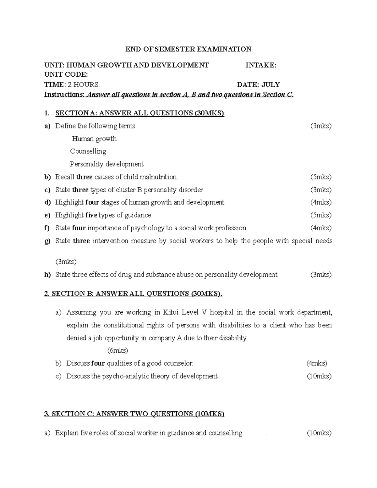 Human growth and development exam - END OF SEMESTER EXAMINATION UNIT ...