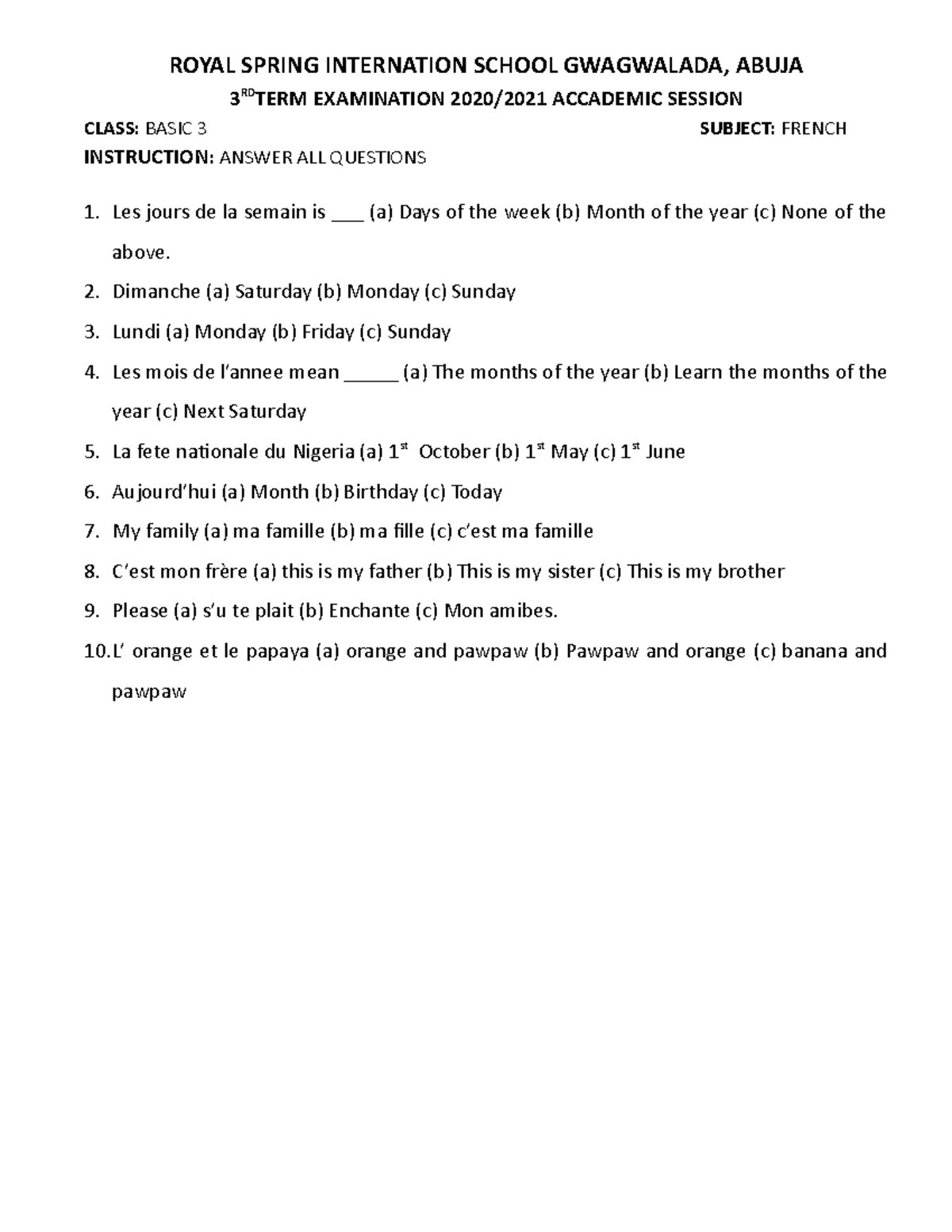 French - Copy - My course - ROYAL SPRING INTERNATION SCHOOL GWAGWALADA ...