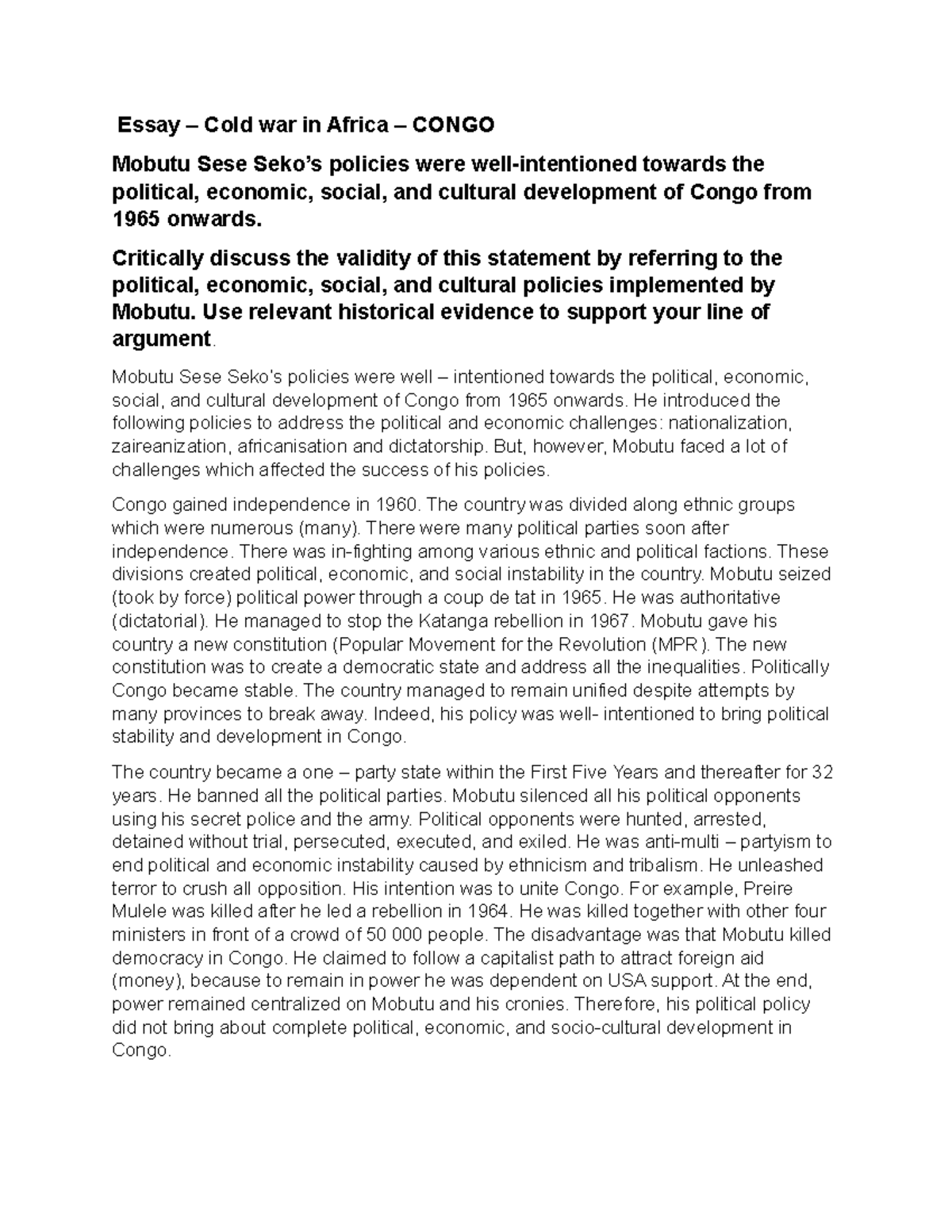 Essay - COLD WAR IN Africa - Congo 052405 - Essay – Cold war in Africa ...