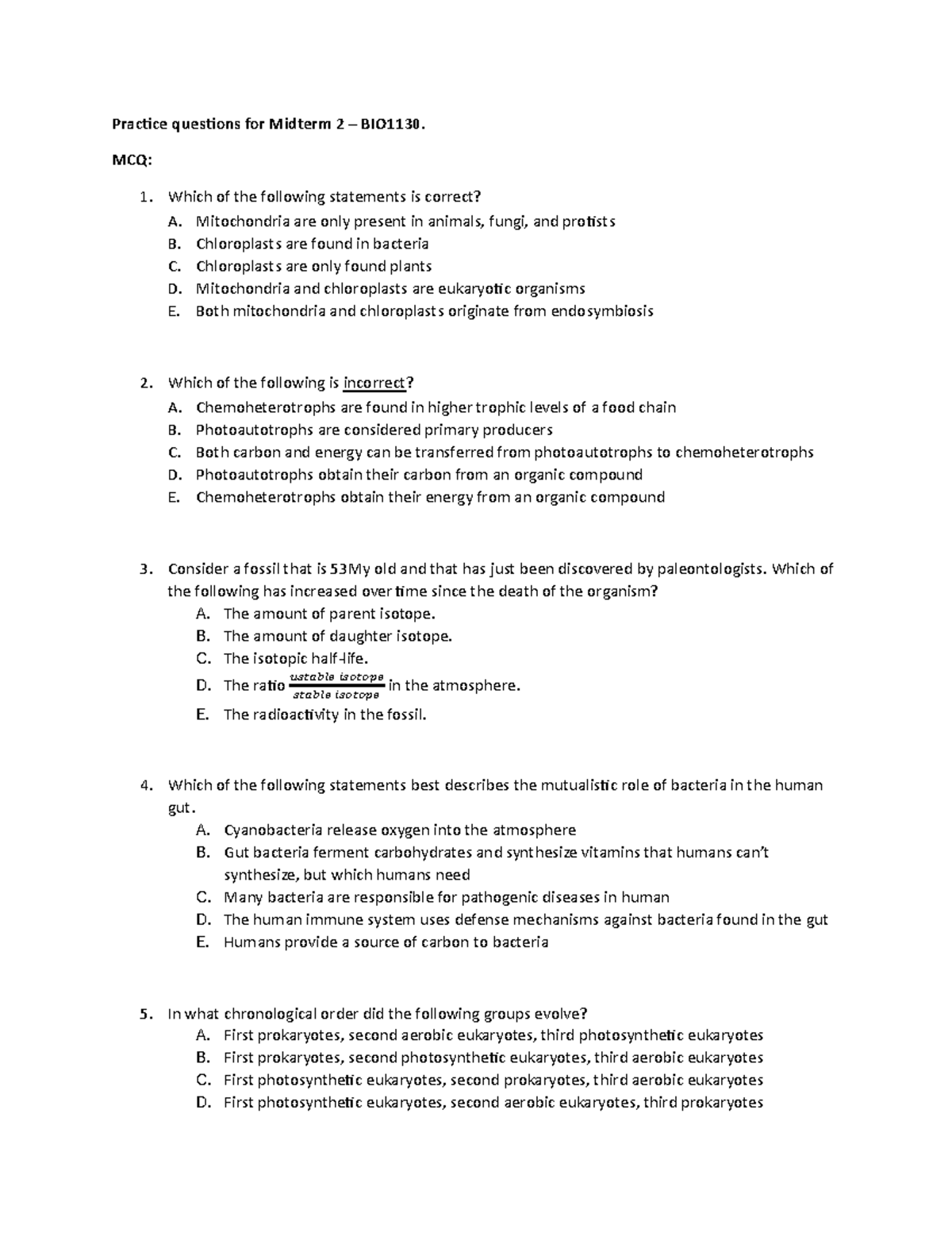 Practice for Midterm 2 (without answers) copy - Practice questions for Midterm 2 – BIO1130. MCQ ...