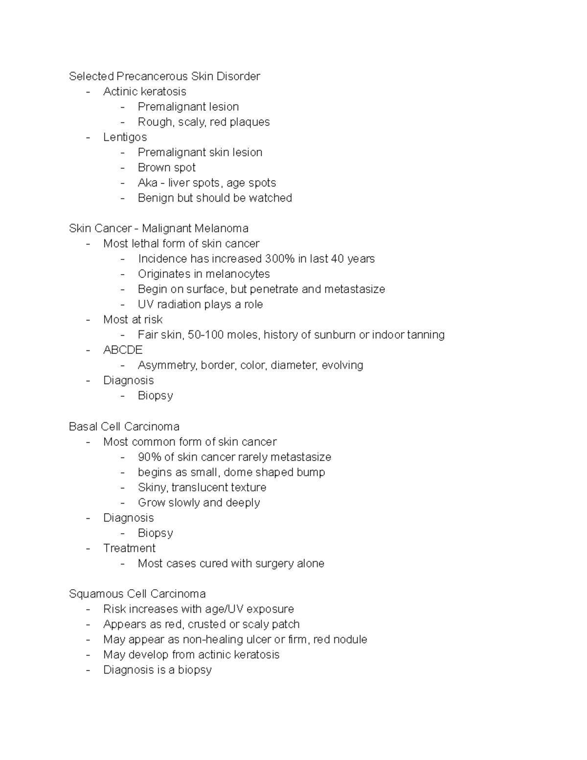 Patho exam 3 notes - Selected Precancerous Skin Disorder - Actinic ...