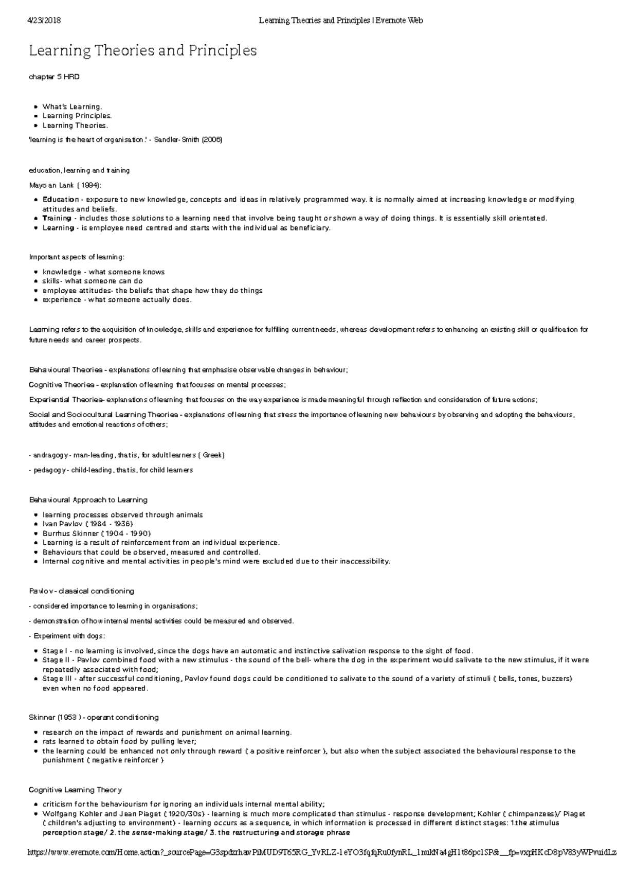 Learning Theories and Principles lecture notes - 4/23/2018 Learning ...