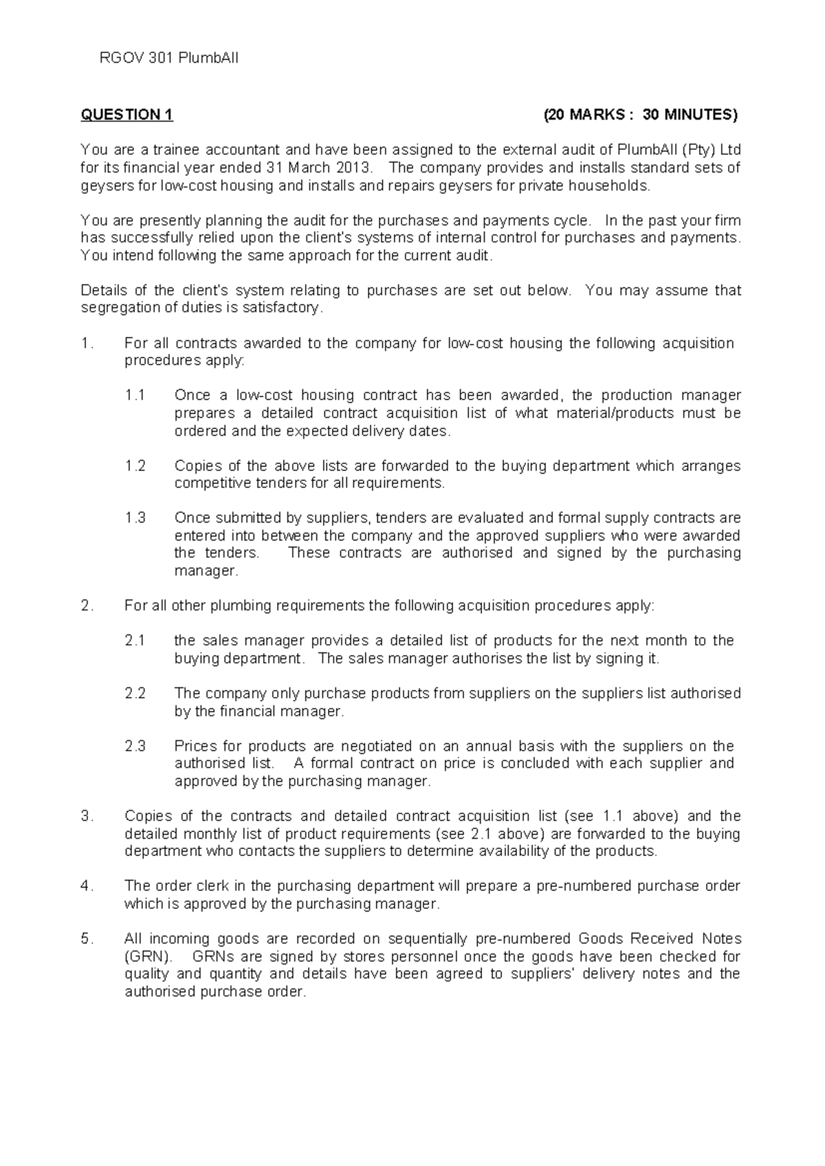 2. Plumall TOC Test2013 Q RGO - RGOV 301 PlumbAll QUESTION 1 (20 MARKS ...