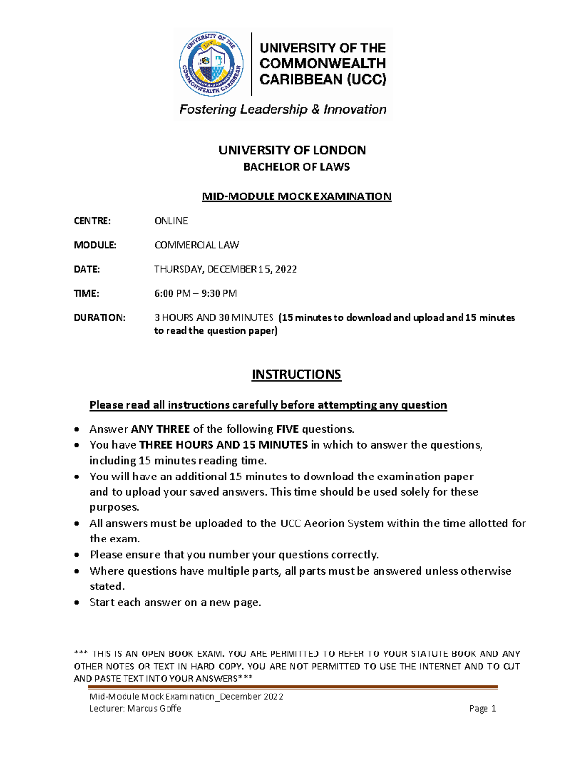 Commercial Law Mock Exam Fall 2022 - Mid-Module Mock Examination ...