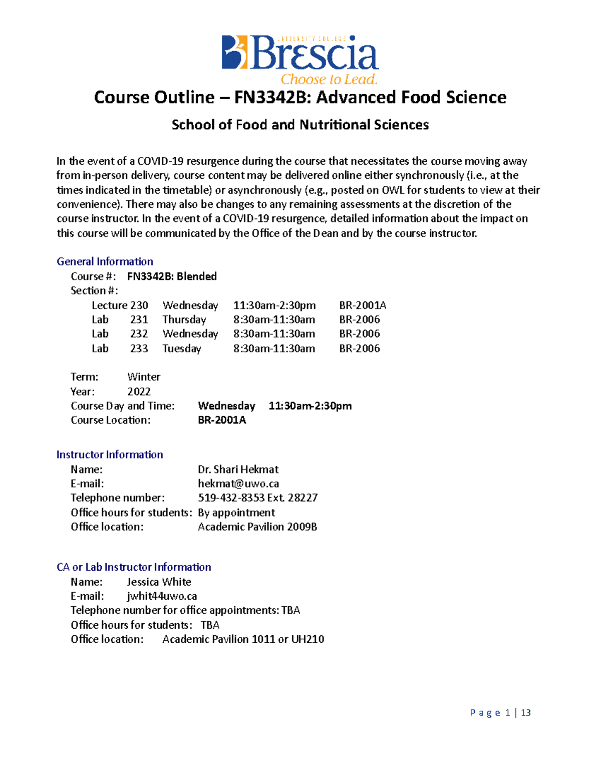 Course Outline-FN3342B 230 - Advanced Food Science - Hekmat-2022- (13 ...