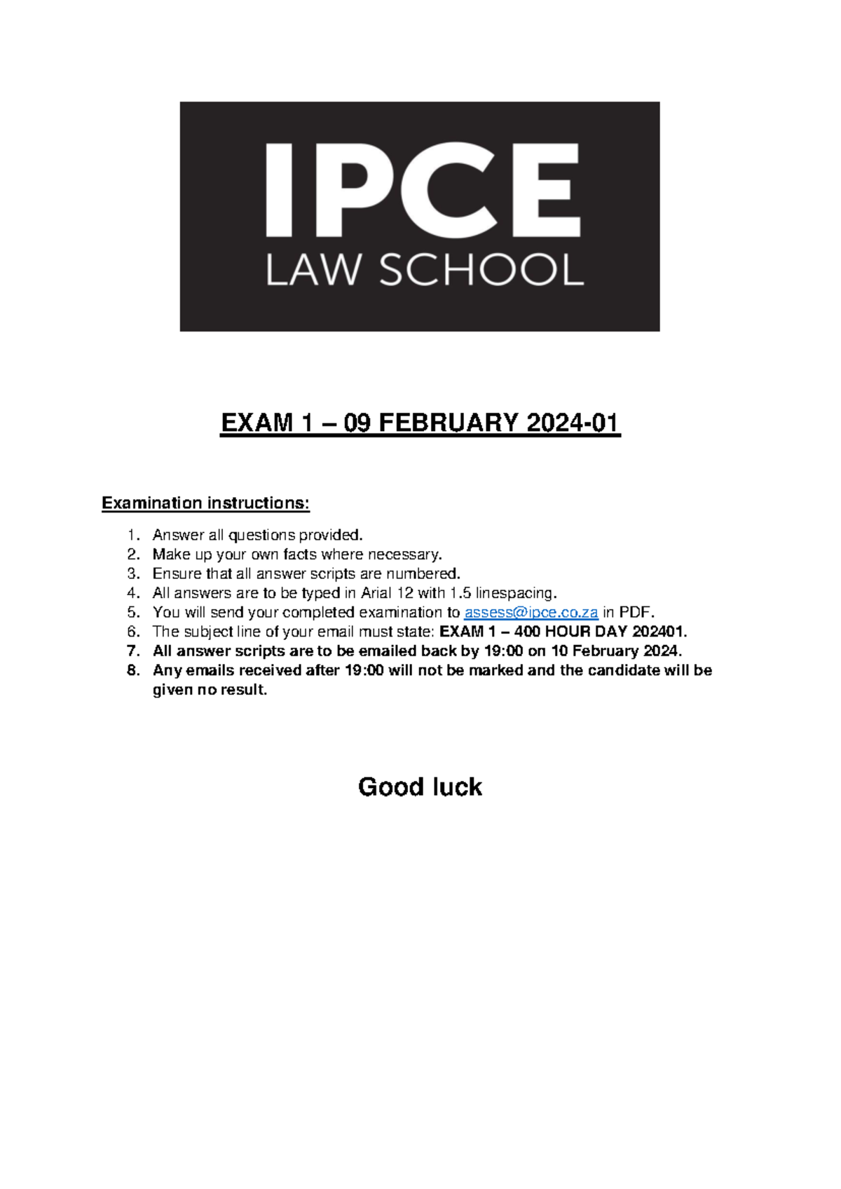 IPCE LAW School EXAM 1 202401 DAY - EXAM 1 – 09 FEBRUARY 2024 - 01 ...