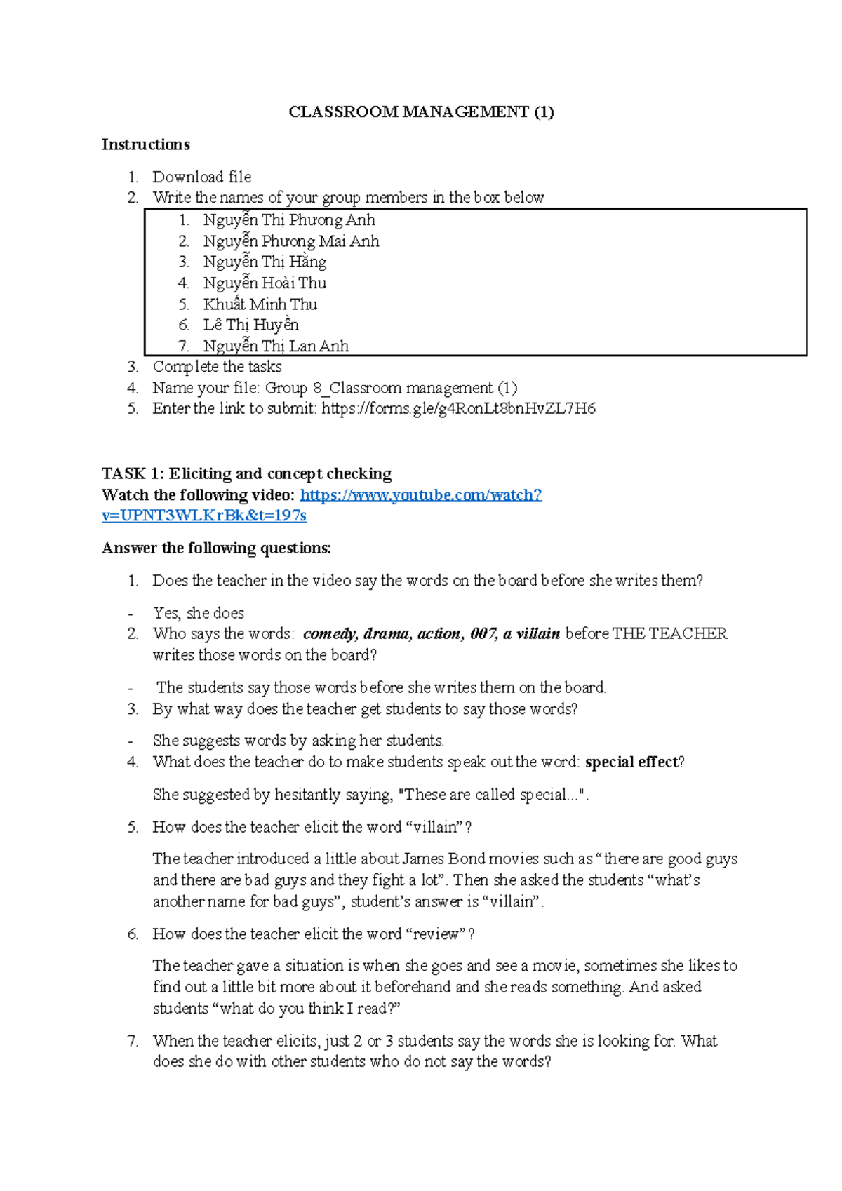 Classroom Management - nothing - CLASSROOM MANAGEMENT (1) Instructions ...