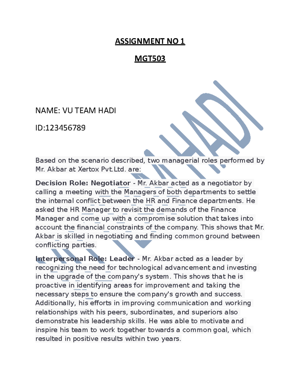 MGT503 Assignment NO 1 SP23 - ASSIGNMENT NO 1 MGT NAME: VU TEAM HADI ID ...