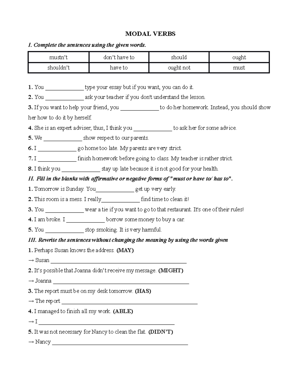 STU Modal Verbs Test MODAL VERBS I Complete The Sentences Using