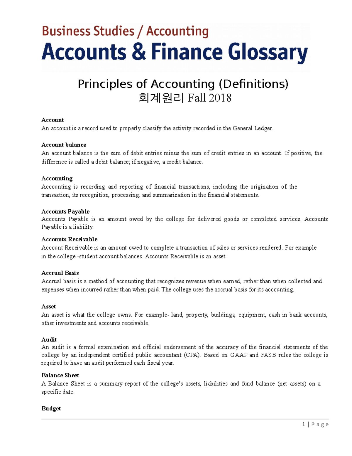 Glosssary for accounting - Principles of Accounting (Definitions) Fall ...
