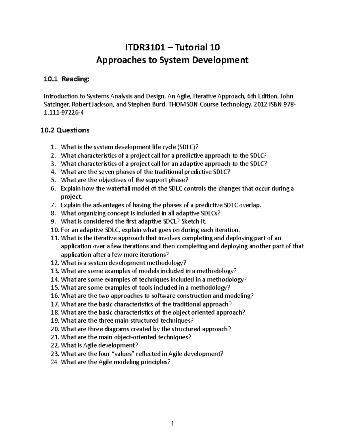 Tutorial 10 - Approaches to System Development - System analysis and design - Ibri College of ...