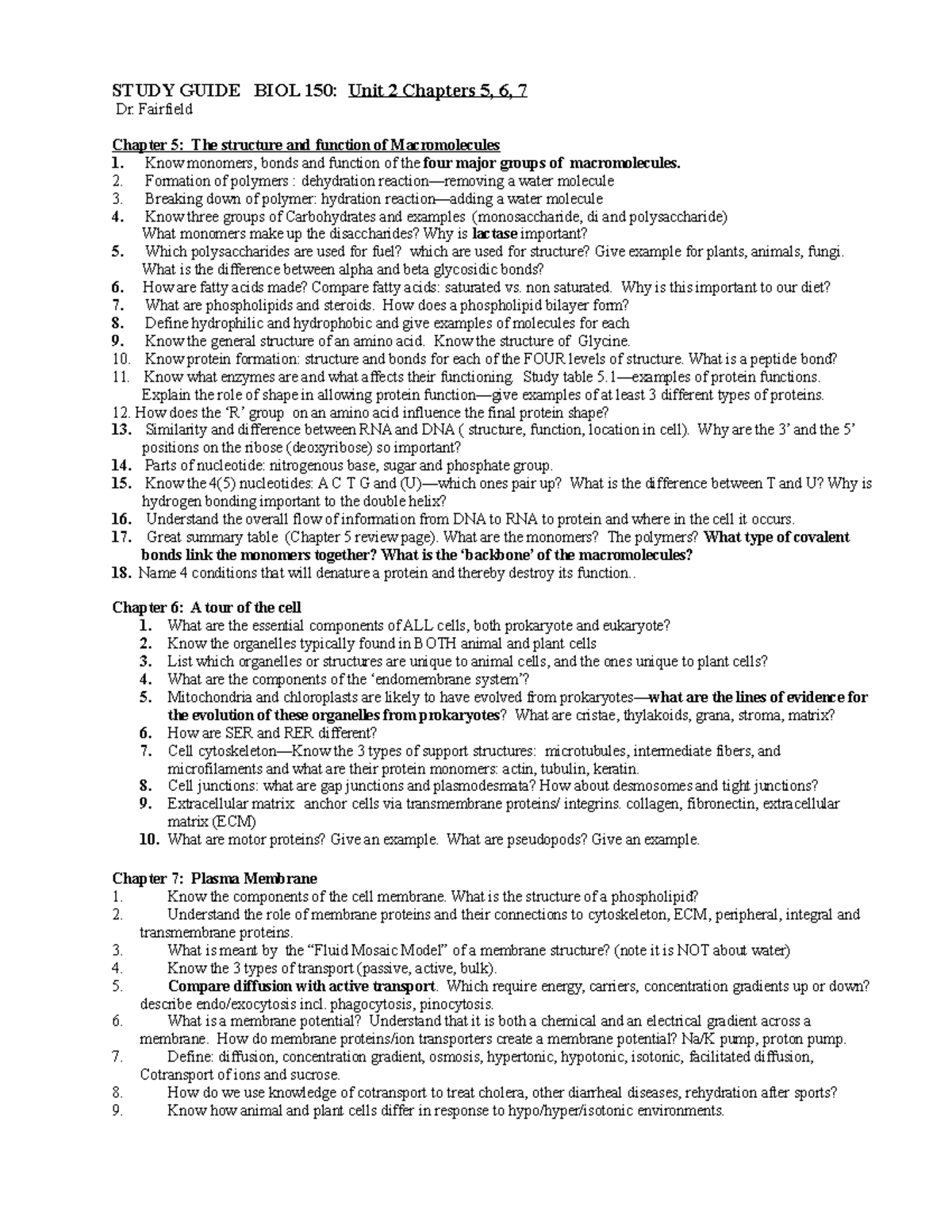 Study Guide New Unit 2 BIOL 150 - STUDY GUIDE BIOL 150: Unit 2 Chapters ...