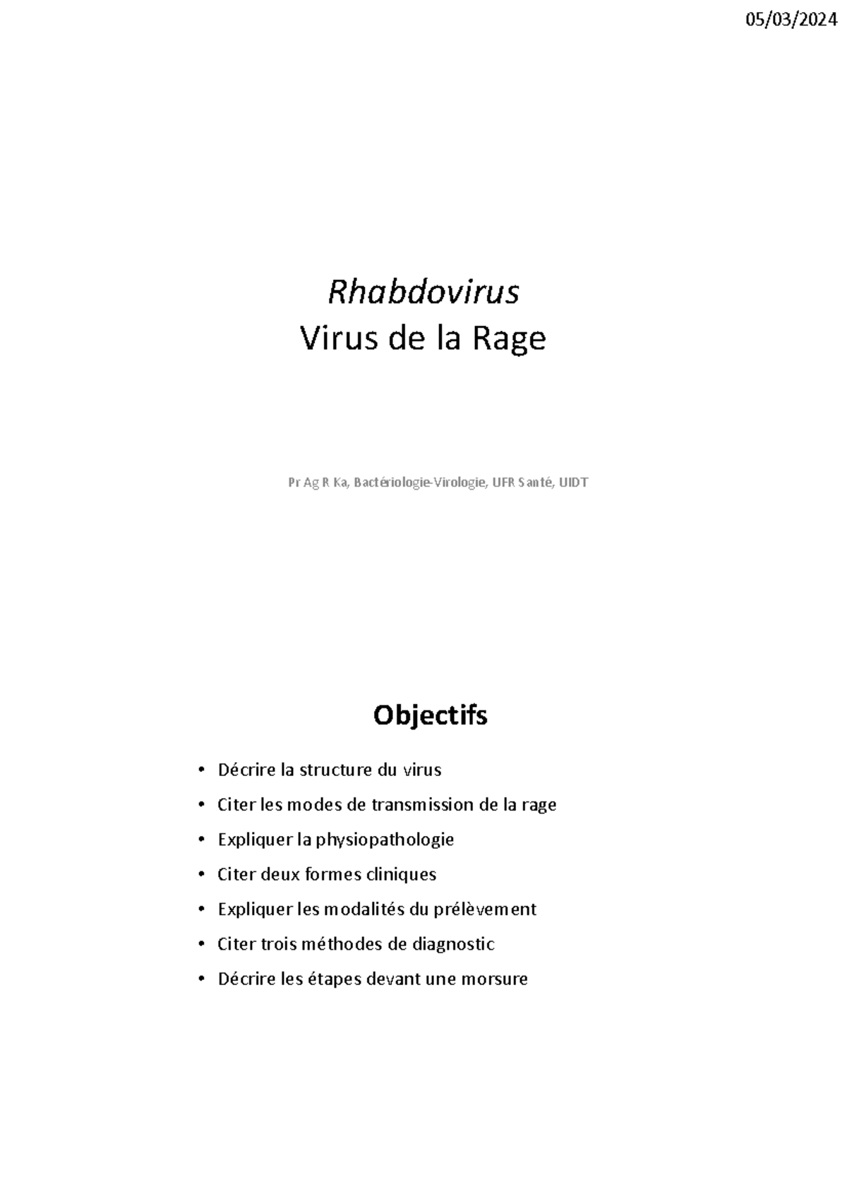 6 Virus de la Rage L3 2024 - Rhabdovirus Virus de la Rage Pr Ag R Ka ...