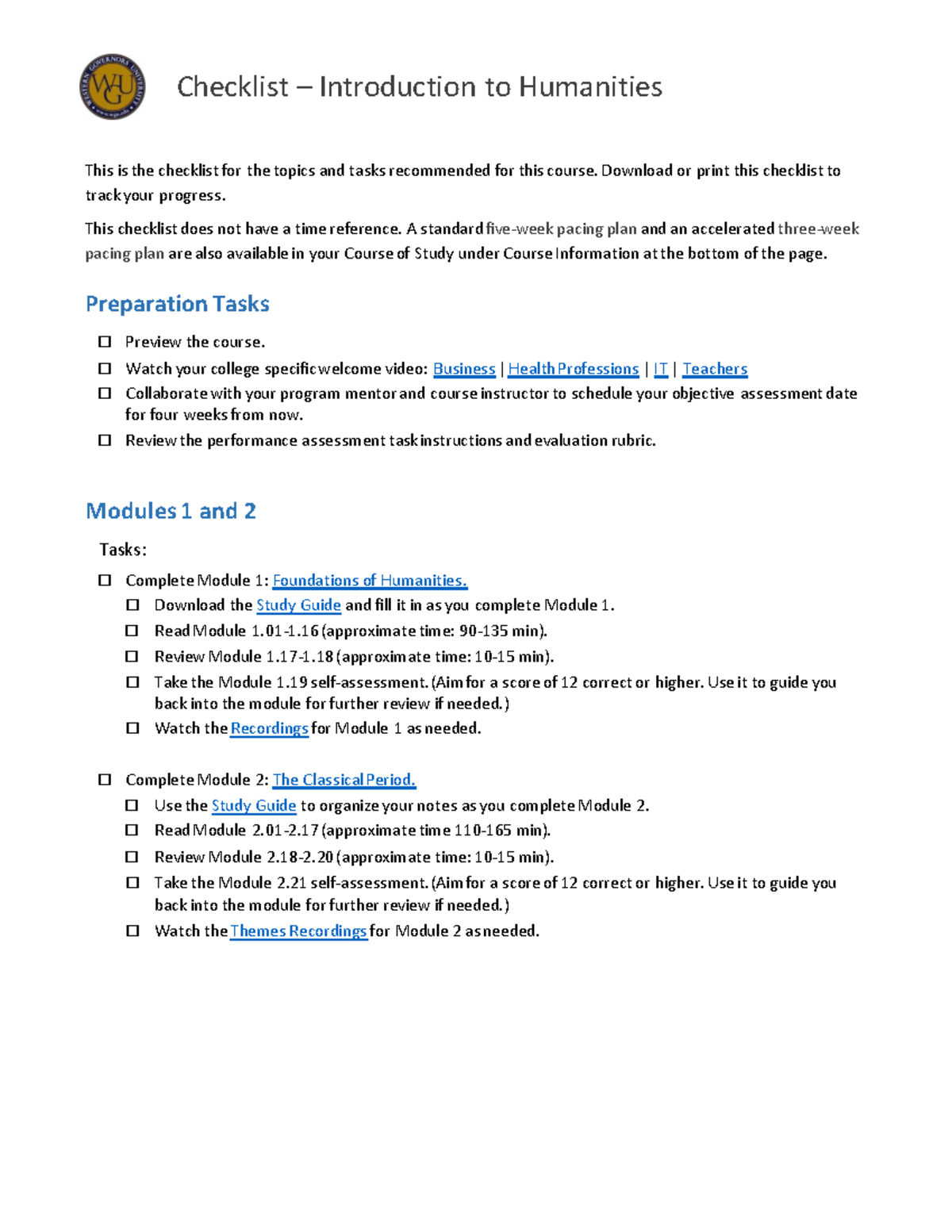 C100 pacing-guide checklist - Checklist – Introduction to Humanities ...