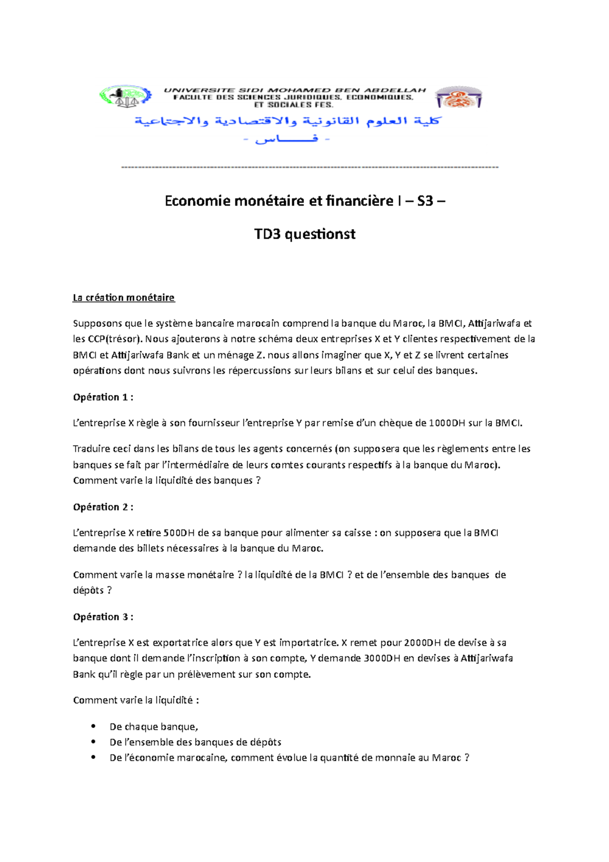 TD n° 3 - TD N3 - Economie monétaire et financière I – S3 – TD3 ...