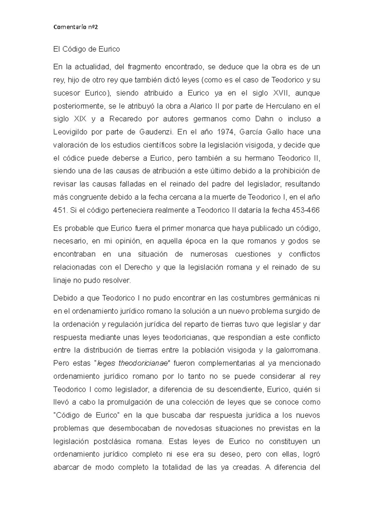 Comentario práctica n2 - Comentario nº El Código de Eurico En la ...