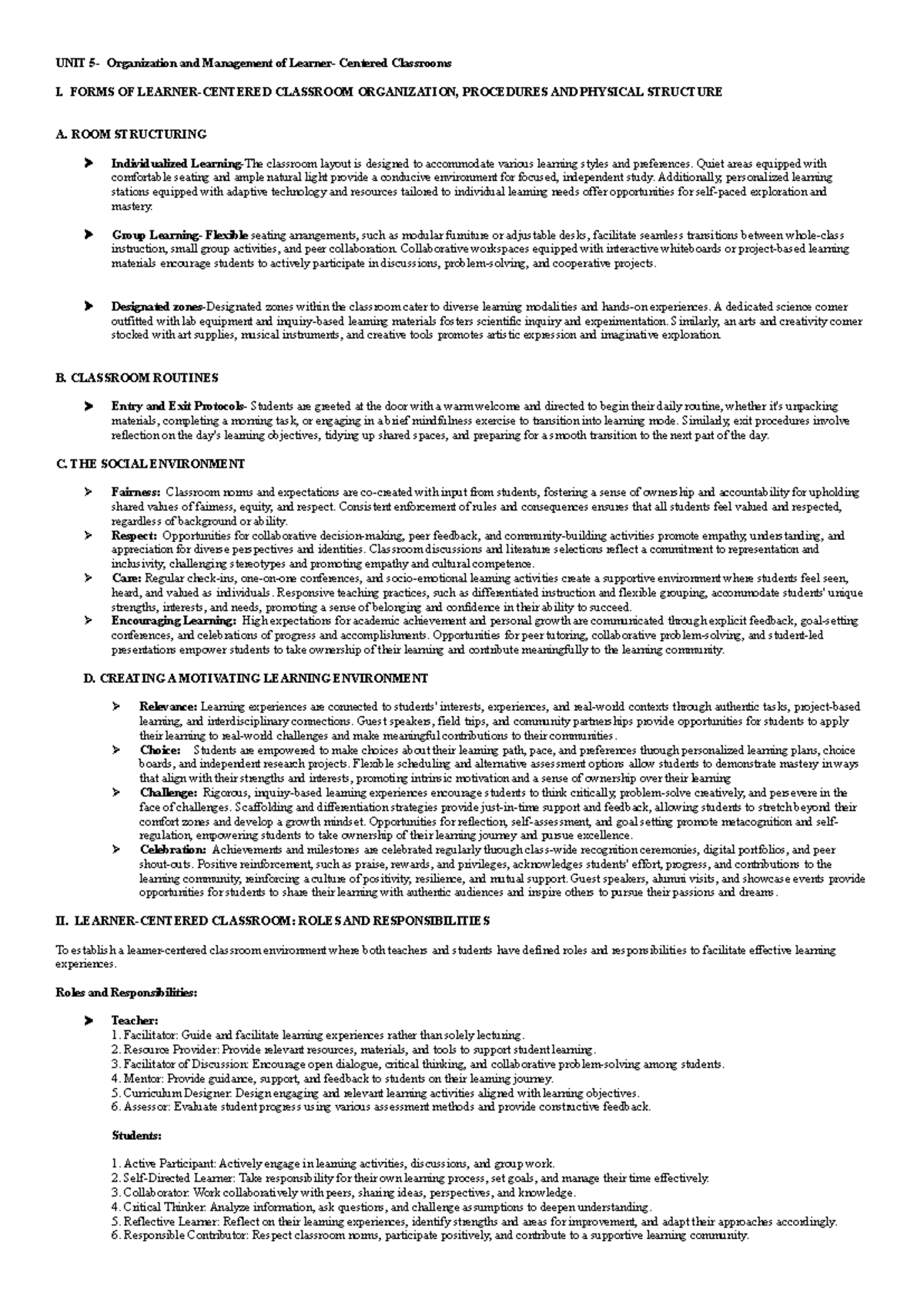 UNIT 5-UNIT 5- Organization and Management of Learner- Centered Classrooms - FORMS OF - Studocu