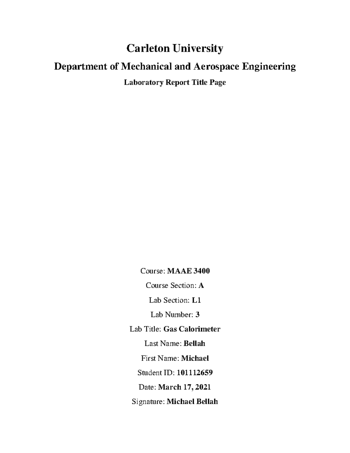 Lab Report 3 MAAE3400 (Grade 94%) - Carleton University Department of ...