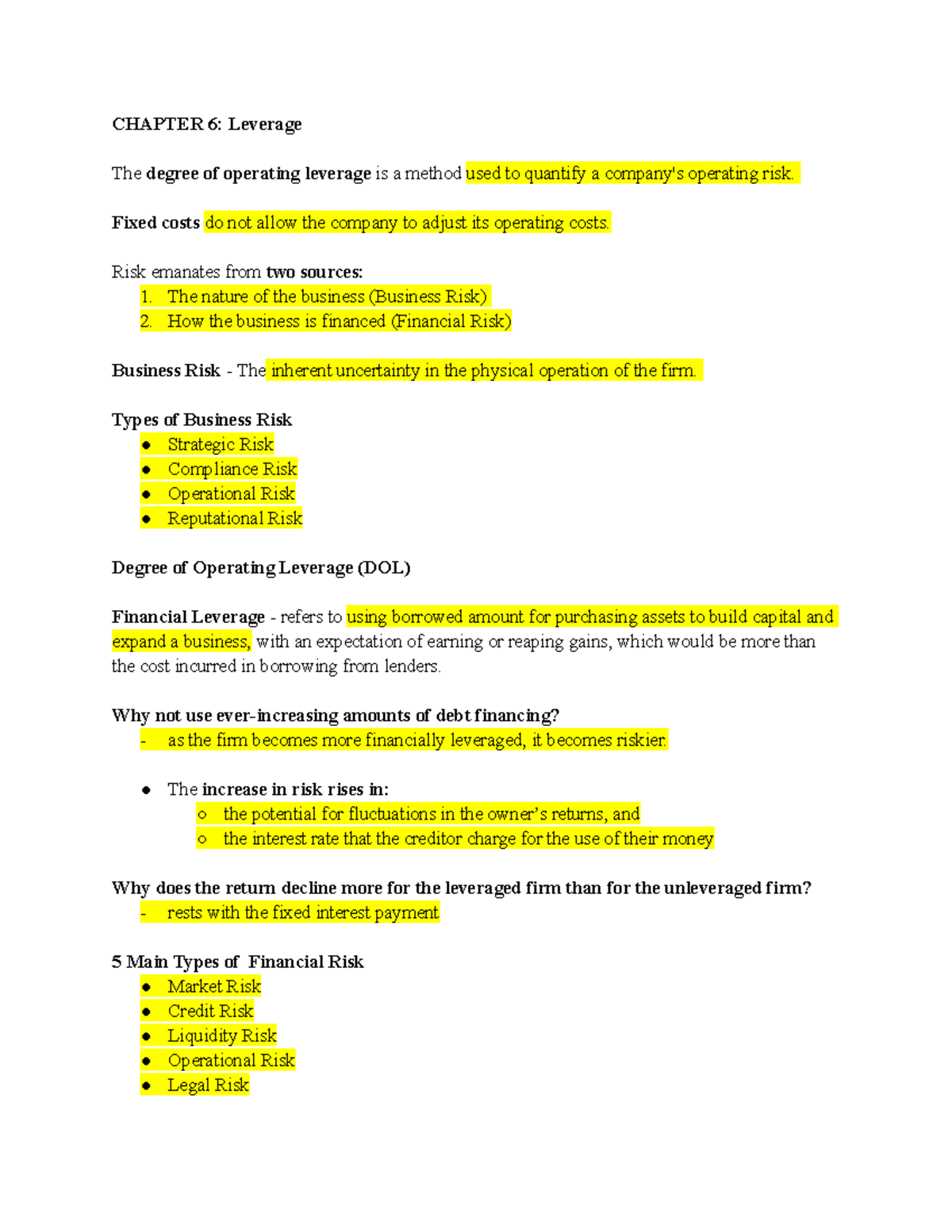 Exam in Financial Market - CHAPTER 6: Leverage The degree of operating leverage is a method used ...