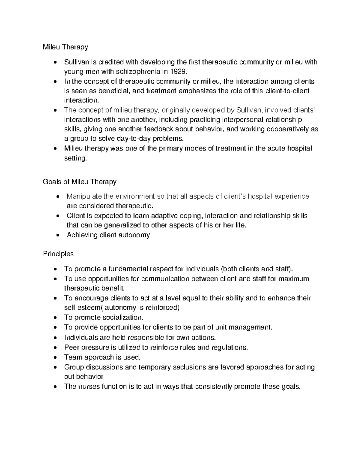 Mileu Therapy - Psychiatry - Mileu Therapy Sullivan is credited with ...