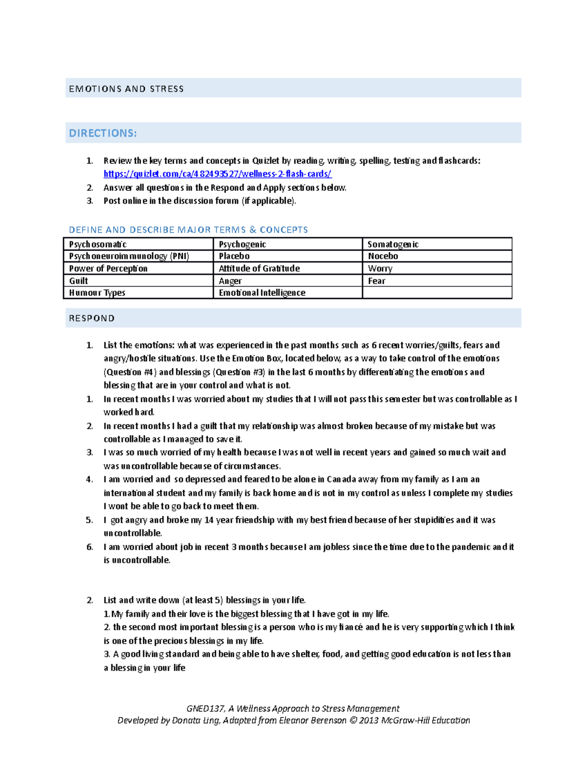 Lab 5 Emotion and Stress - EMOTIONS AND STRESS DIRECTIONS: Review the ...