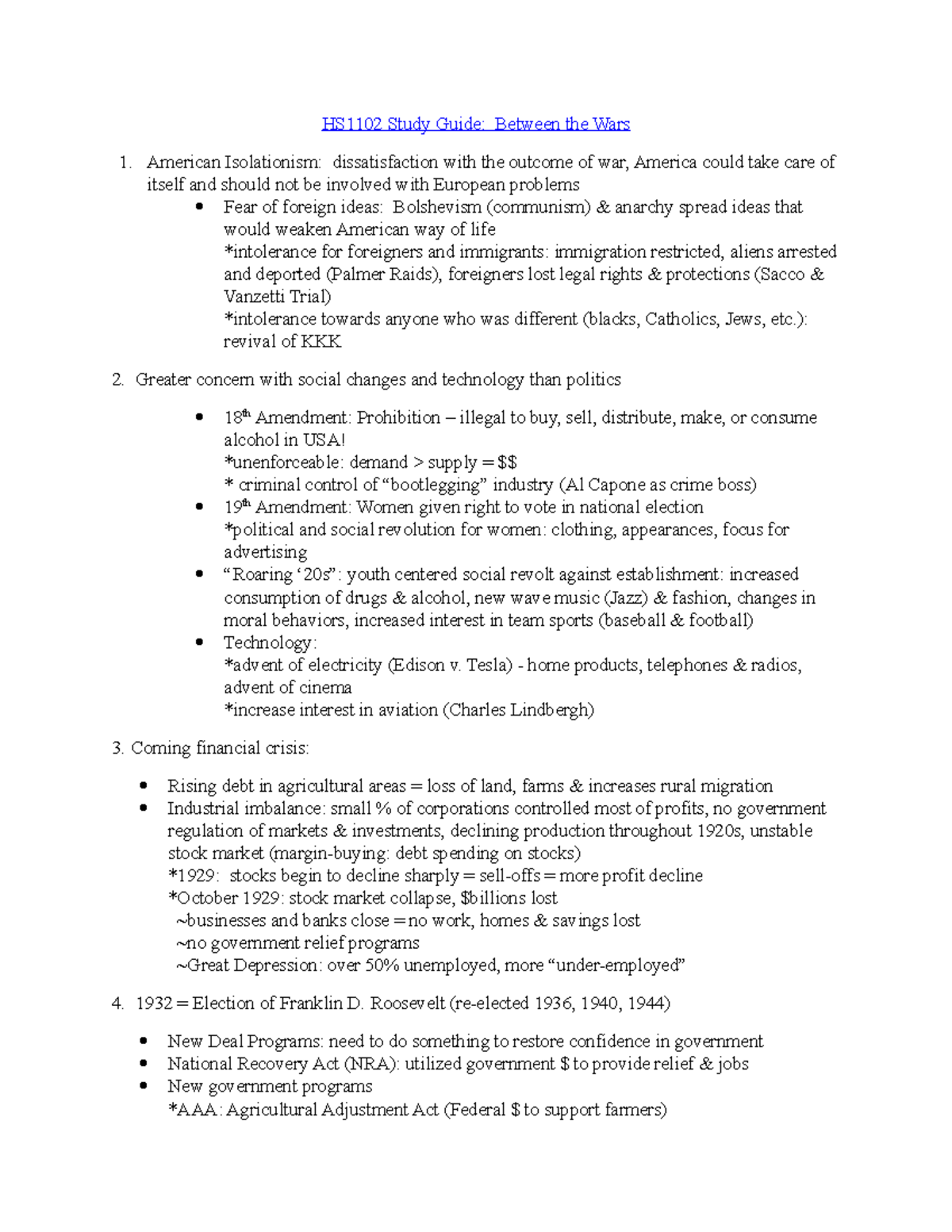 Study Guide 1920s & 30s - HS1102 Study Guide: Between the Wars American ...