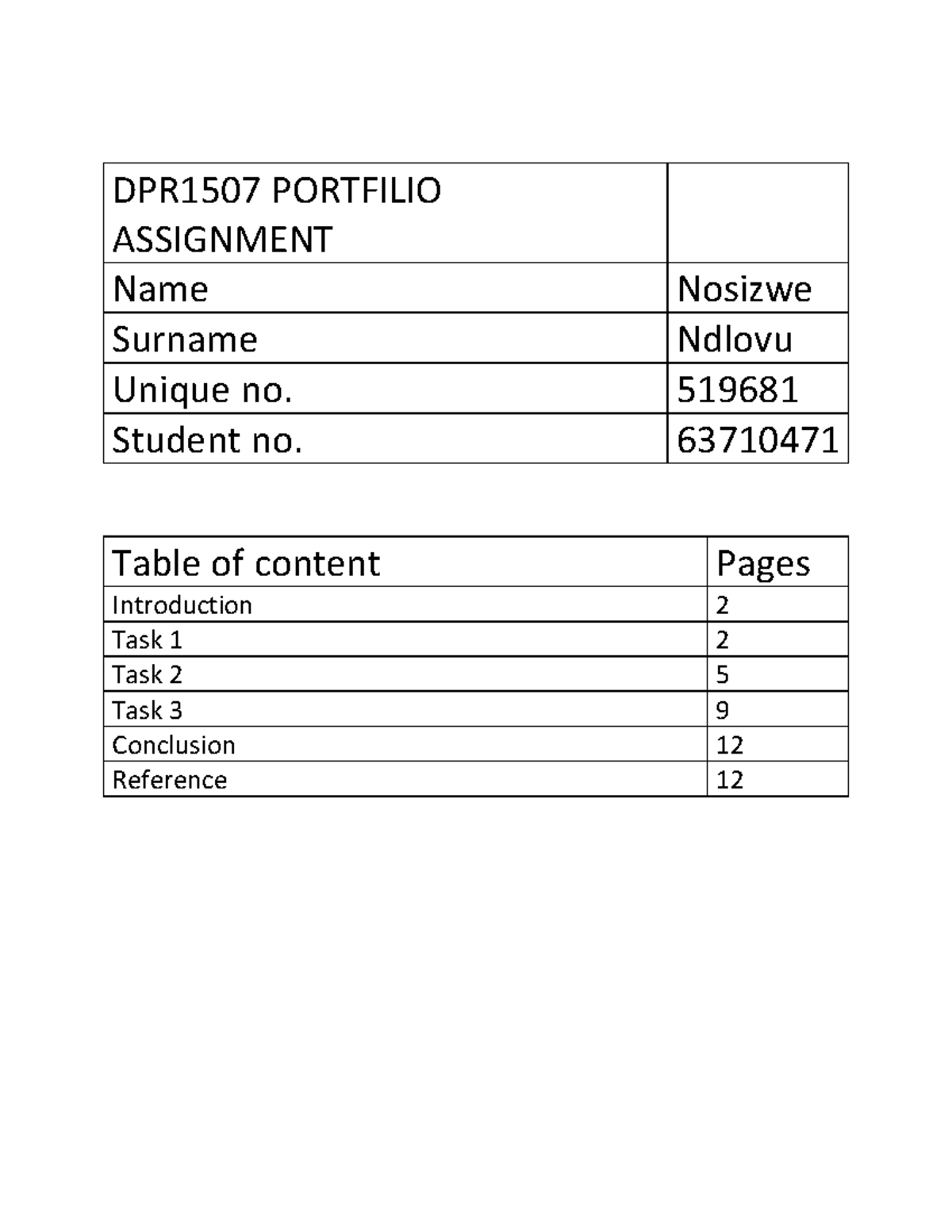 DPR1507 Portfilio Assignment - DPR1507 PORTFILIO ASSIGNMENT Name Nosizwe Surname Ndlovu Unique ...