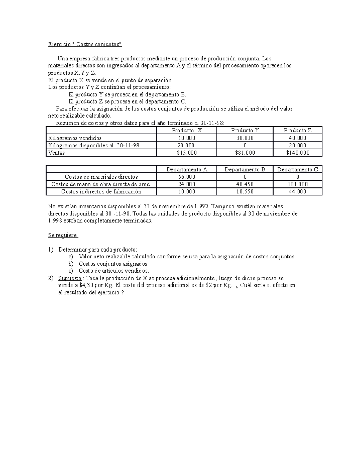 Ejercicios de costos conjuntos - Ejercicio " Costos conjuntos" Una empresa fabrica - Studocu