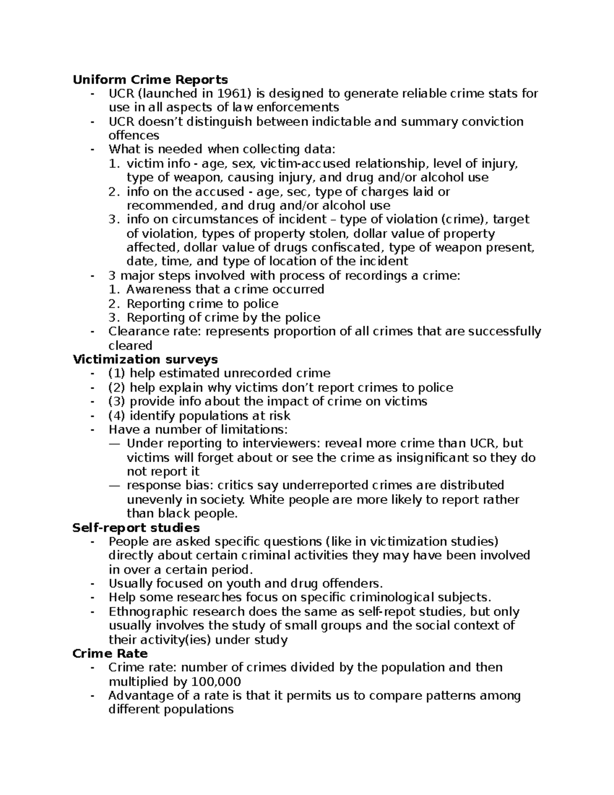 CORR 104 Chaper 4 Notes - Uniform Crime Reports - UCR (launched in 1961 ...