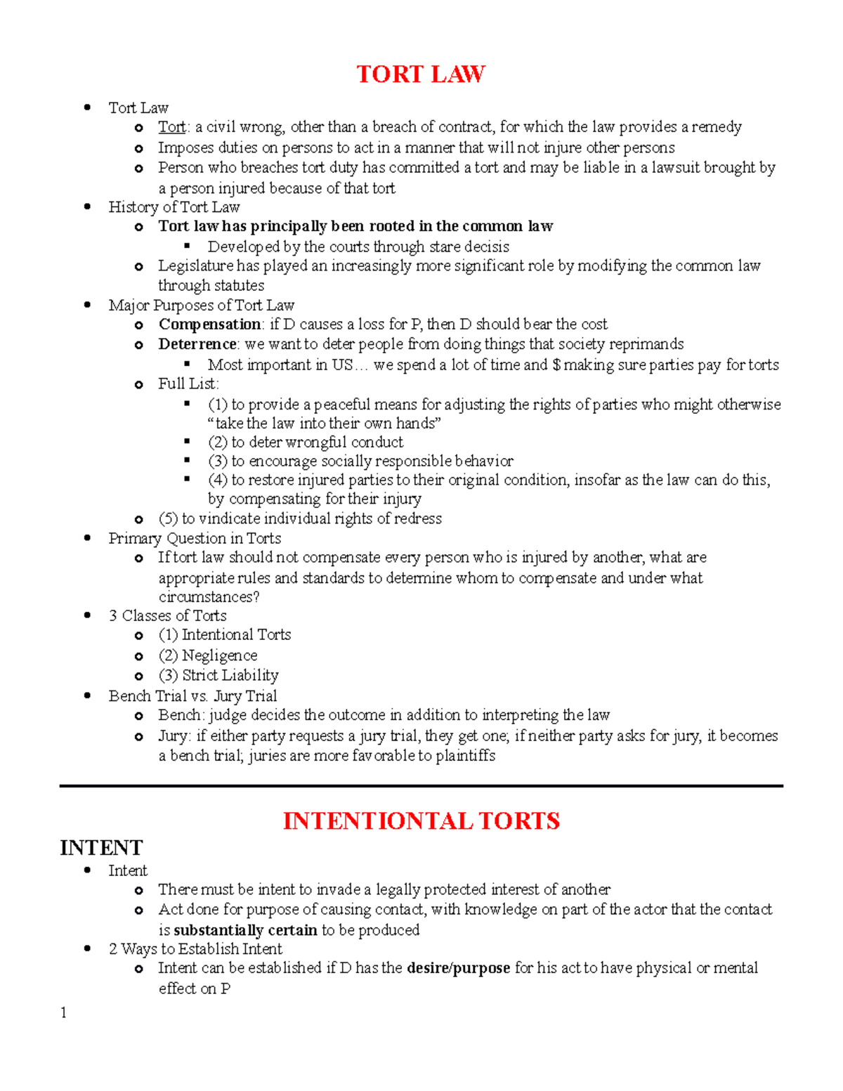 KMM Torts Final Exam Oultine - TORT LAW Tort Law o Tort : a civil wrong ...