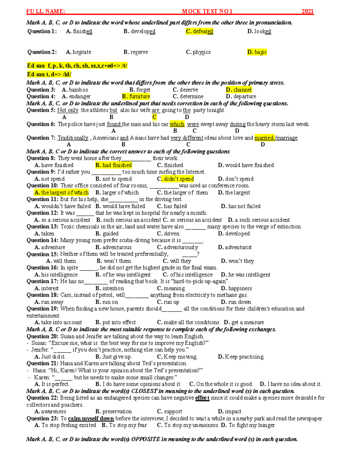 1582021 MOCK TEST NO 1 - English Mock test - FU LL NAME: MOCK TEST NO 1 ...