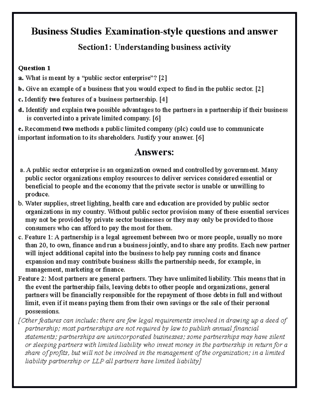 Section- 1 for 10 - Revision Notes - Business Studies Examination-style ...