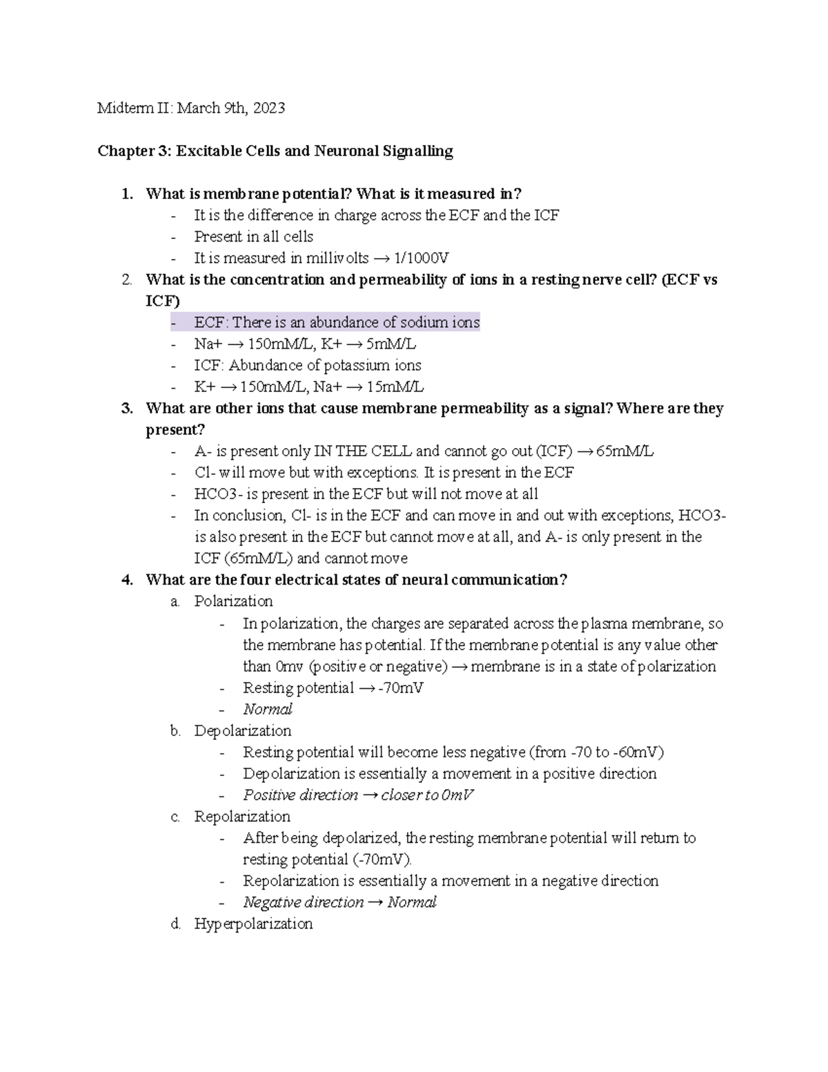 Physio 1 Midterm II study guide - Midterm II: March 9th, 2023 Chapter 3 ...