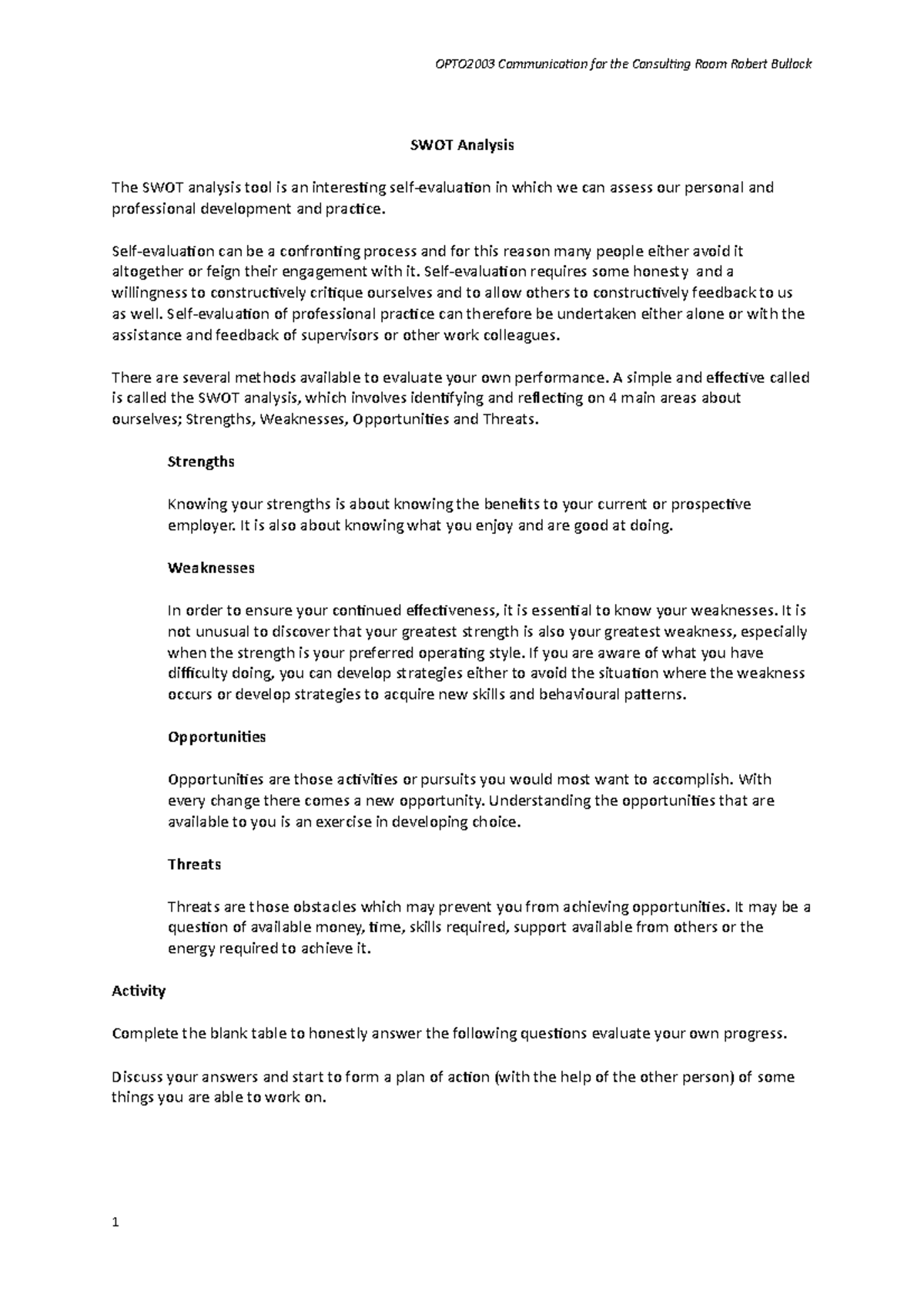 SWOT analysis of the biological functions - OPTO2003 Communication for ...