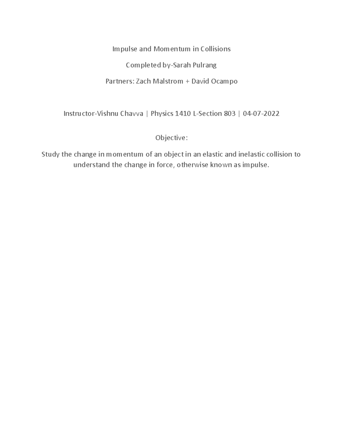 Lab 5 Impulse and Momentum - Impulse and Momentum in Collisions ...