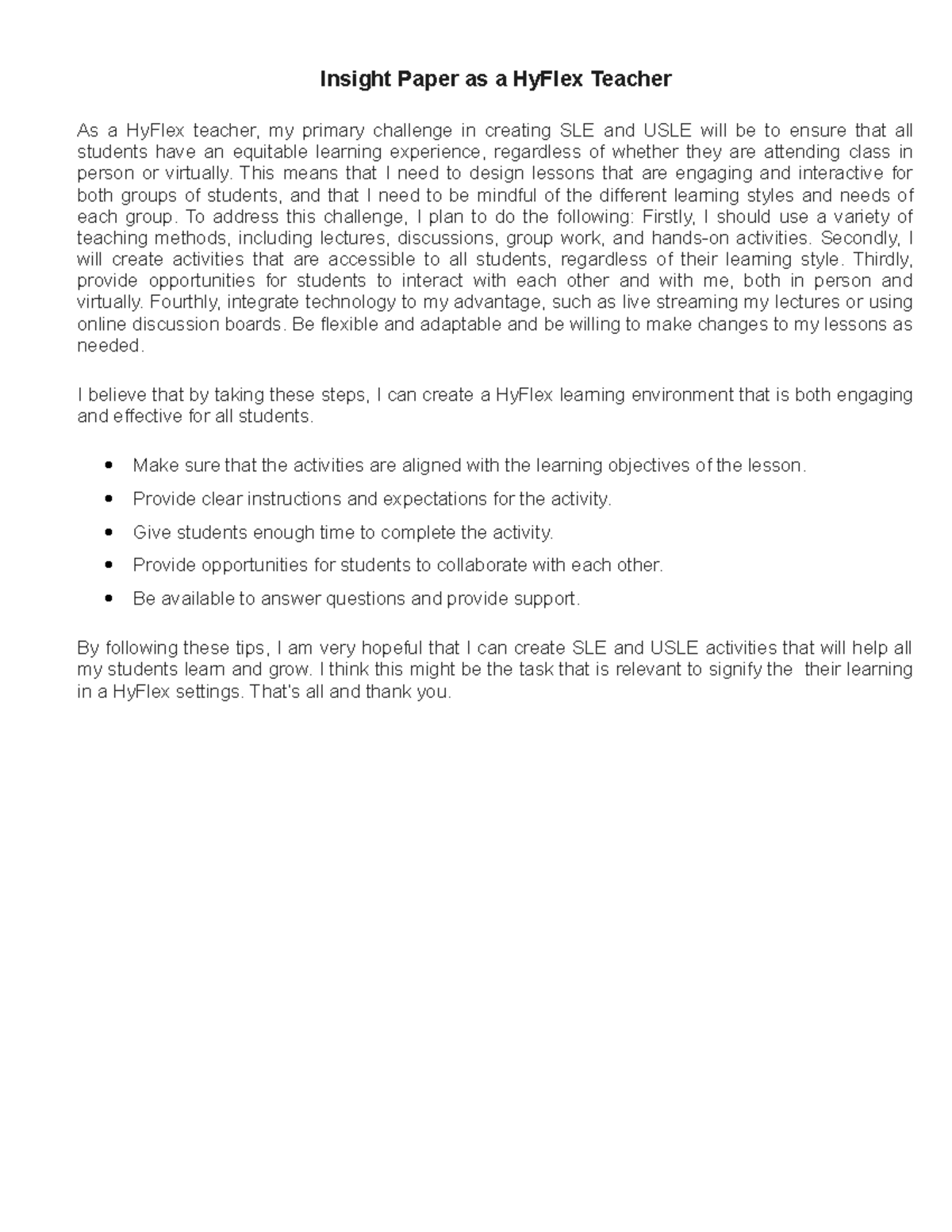 Paman Vengie Insight Paper - Insight Paper as a HyFlex Teacher As a ...